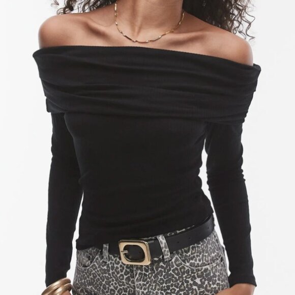 Tops | Off Shoulder Fold Over Black Long Sleeve Top | Poshmark